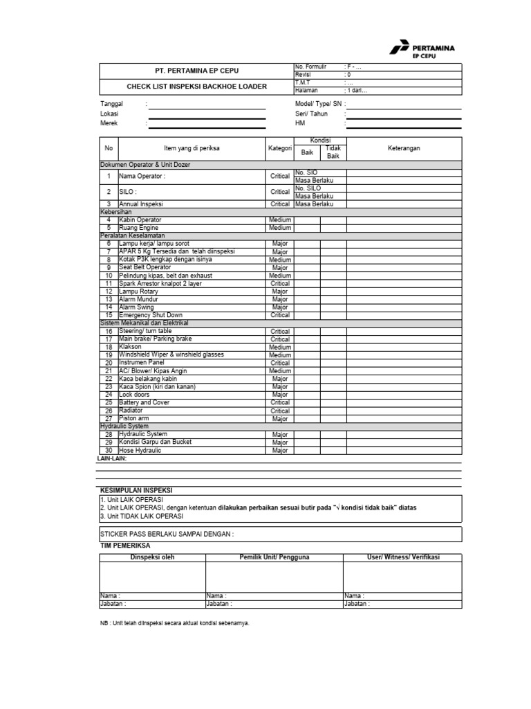 Form Inspeksi Unit Backhoe Loader - Update 25082024 | PDF