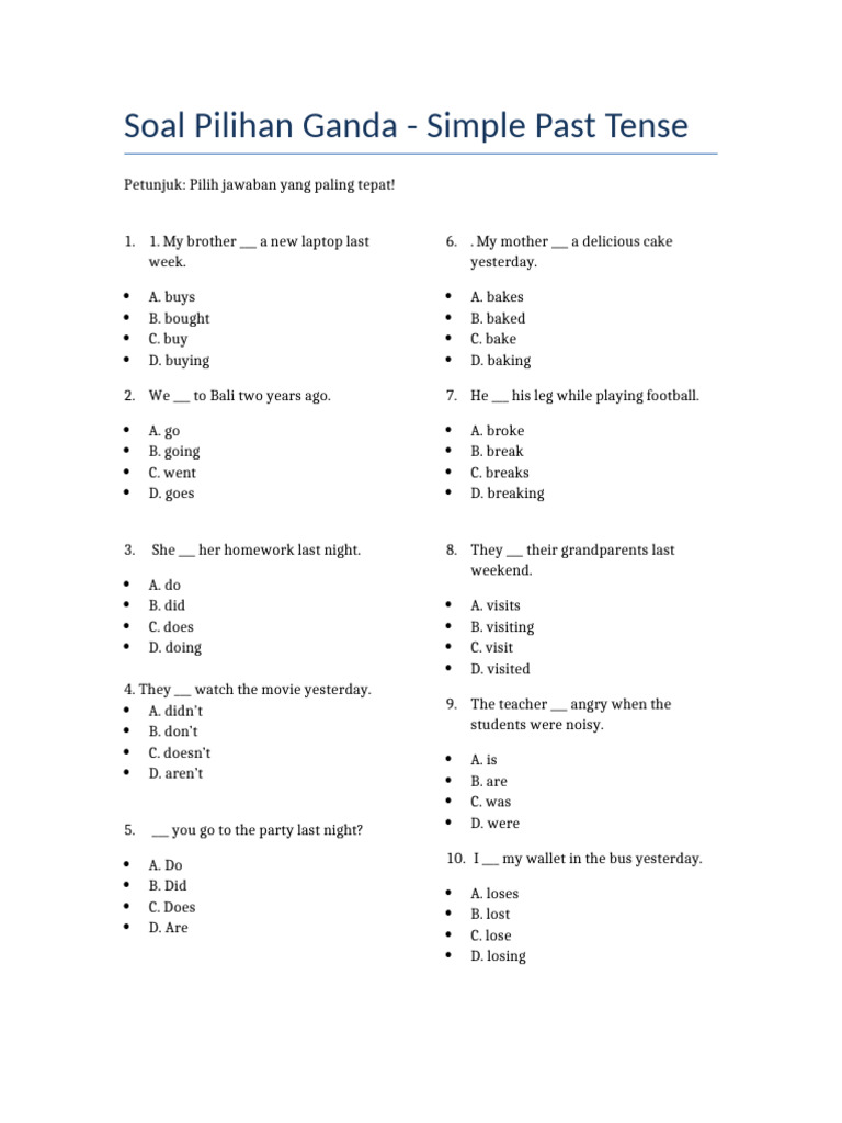 Soal Simple Past Tense Kelas 6 | PDF