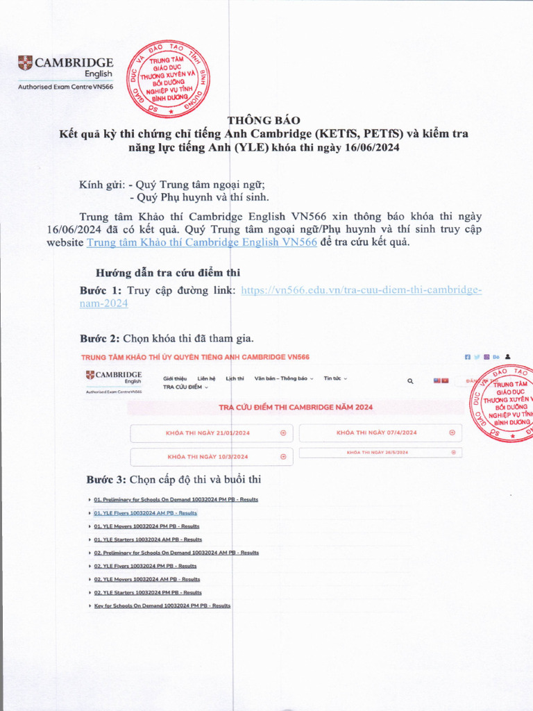 TB - HD Tra Cuu Ket Qua Thi CCTA Cambridge 16.6.2024 | PDF