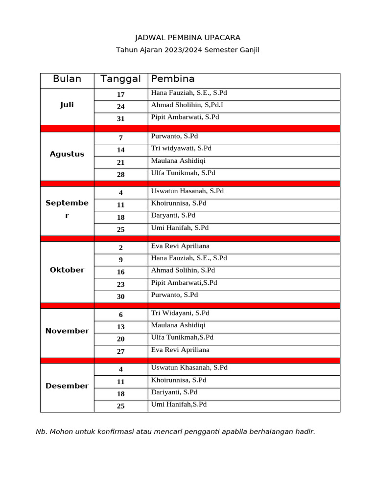 Jadwal Pembina Upacara | PDF