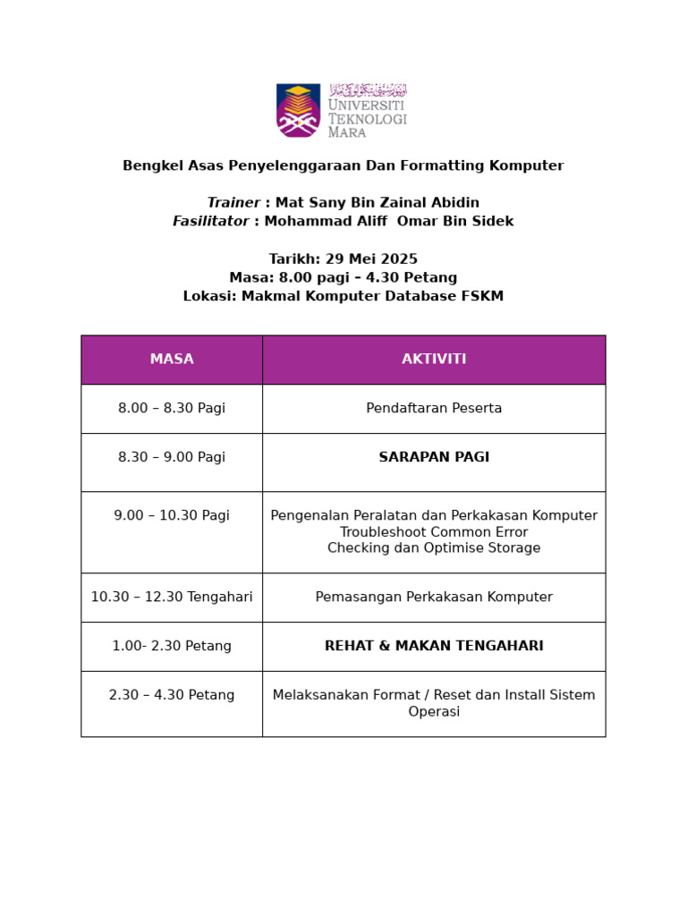 Tentatif Program Asas Perkakasan Komputer | PDF