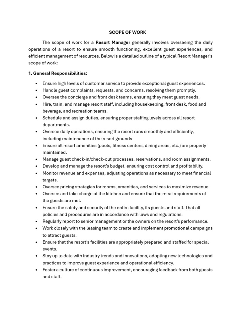 Scope of Work - Resort Manager | PDF | Resort | Business Economics