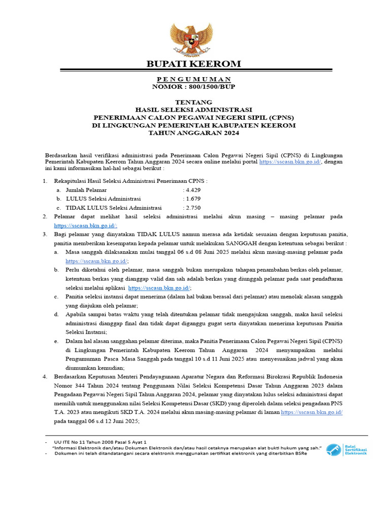 Pengumuman Hasil Seleksi CPNS Keerom 2024 | PDF