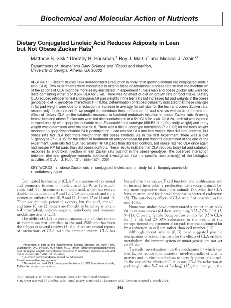 Dietary Conjugated Linoleic Acid Reduces Adiposity in Lean | PDF | Fat | Adipose Tissue