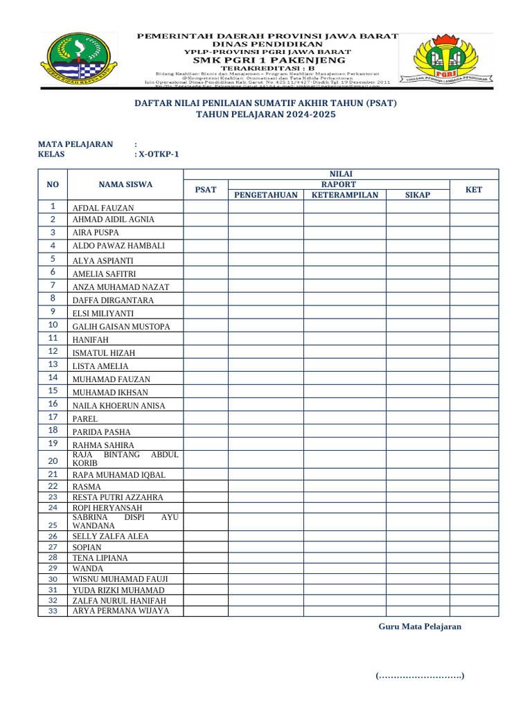 Format Nilai Pas 2024-2025 (Sikap) | PDF
