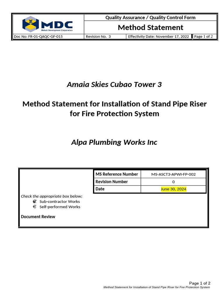 Stand Pipe Riser Installation QA/QC Form | PDF