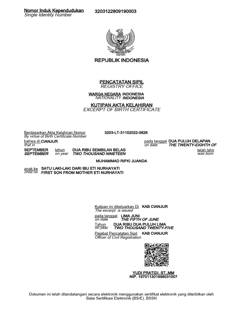 Contoh Akte Lahir Dari Capil | PDF