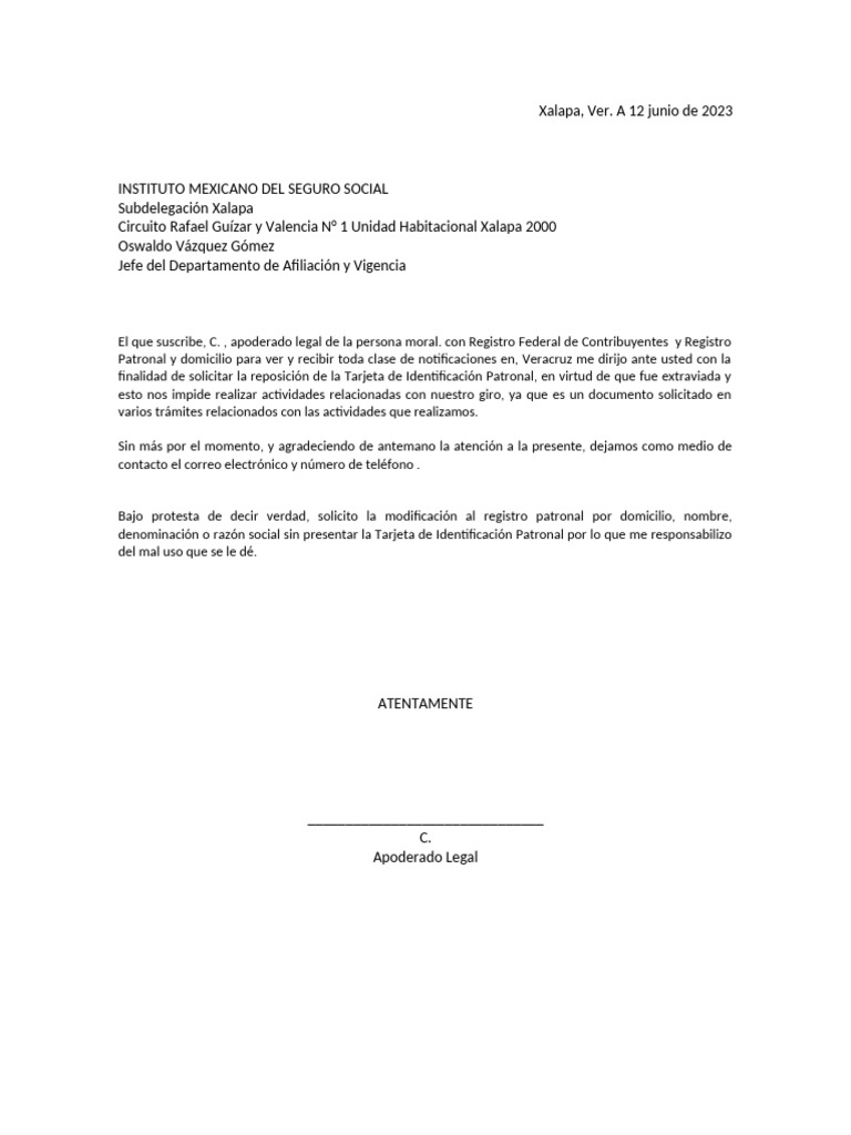 Escrito IMSS Tarjeta Patronal | PDF