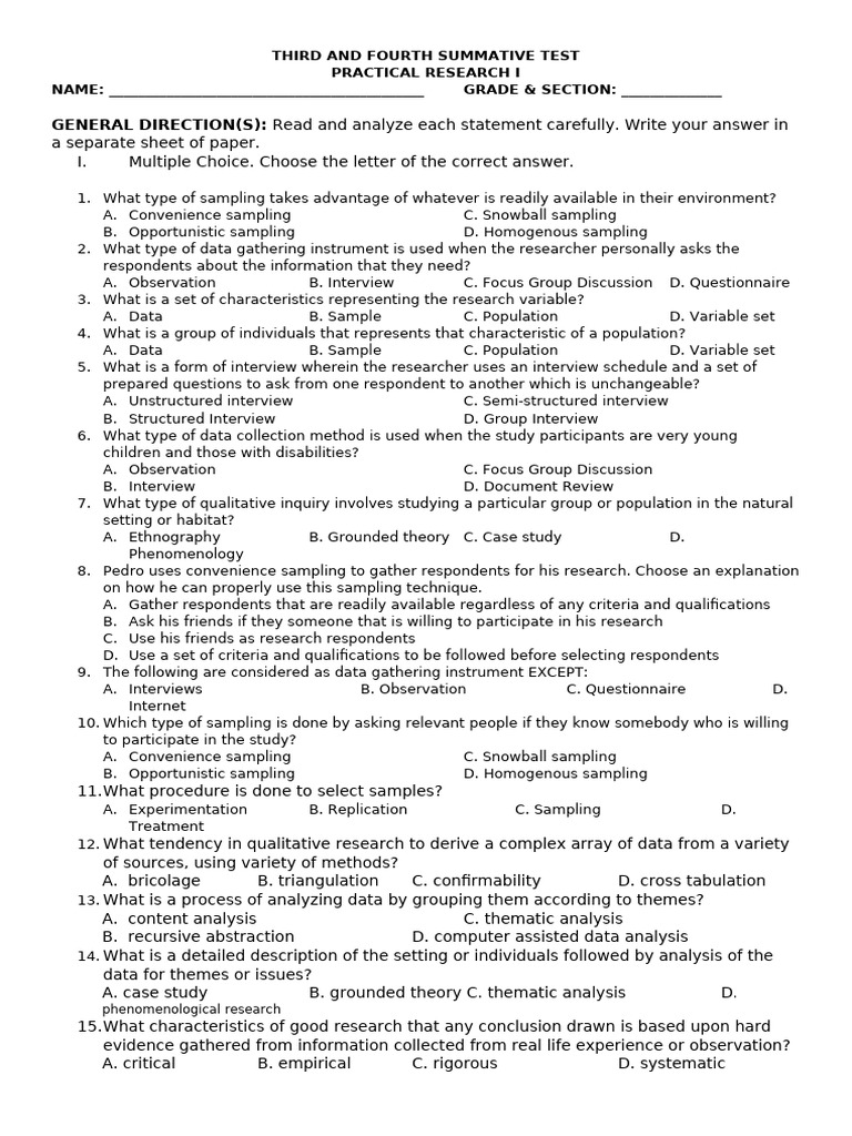 4th Summative With TOS PR 1 | PDF | Qualitative Research | Sampling (Statistics)
