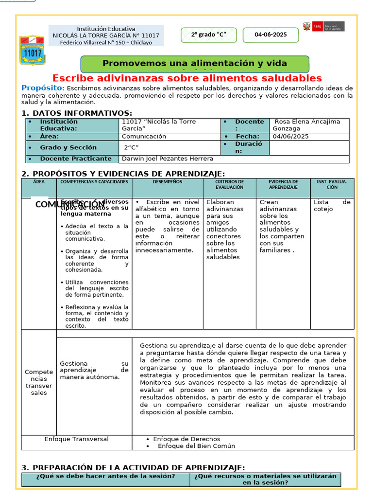 Sesión de Comunicación Escribe Adivinanzas de Alimentos Saludables | PDF | Aprendizaje | Evaluación