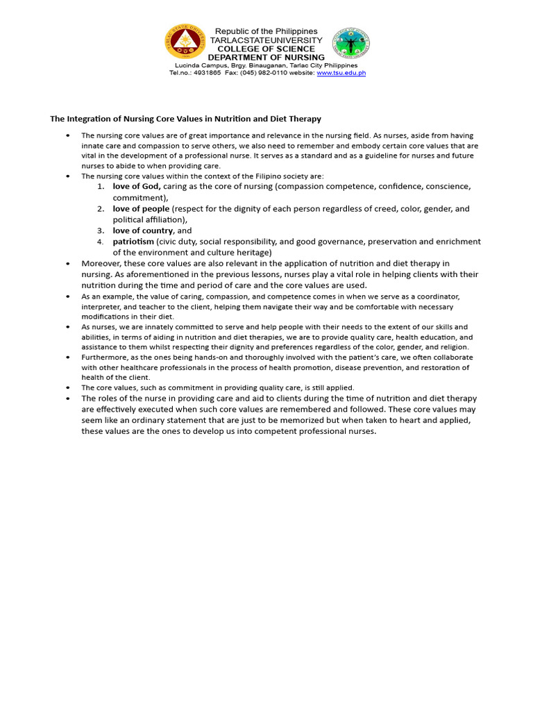 Nursing Core Values in Diet Therapy | PDF | Social Programs | Medicine