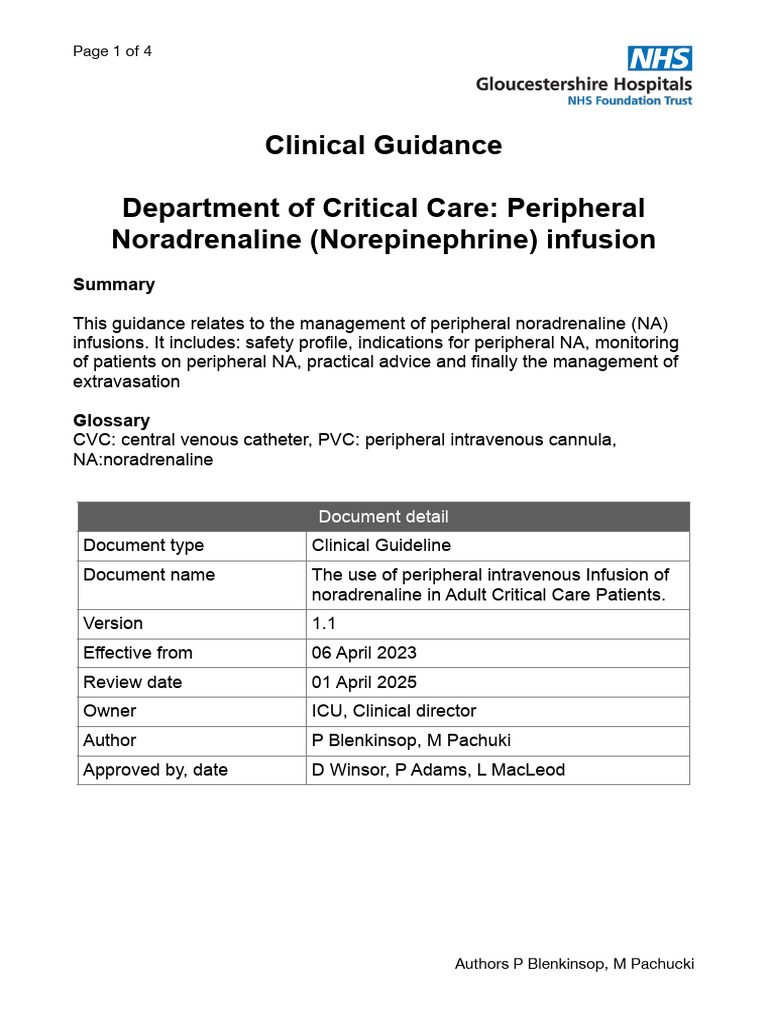 Peripheral Noradrenaline Infusion Guidelines | PDF | Intravenous ...