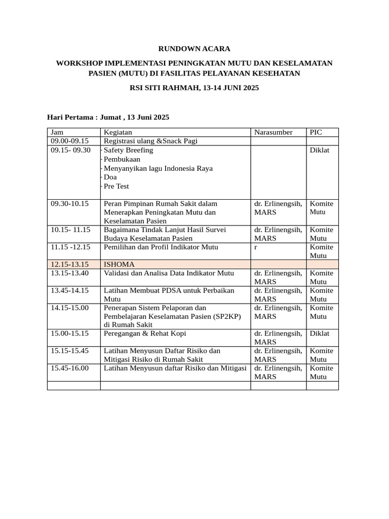 Rundown Acarap Workshop Mutu 13-14 Juni 2025 | PDF