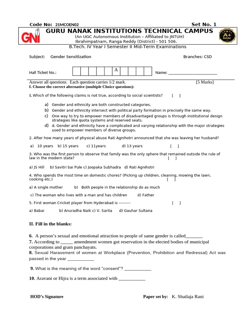 Mid 2 Objective Sets - GS Shailaja Rani K | PDF | Gender | Gender Studies