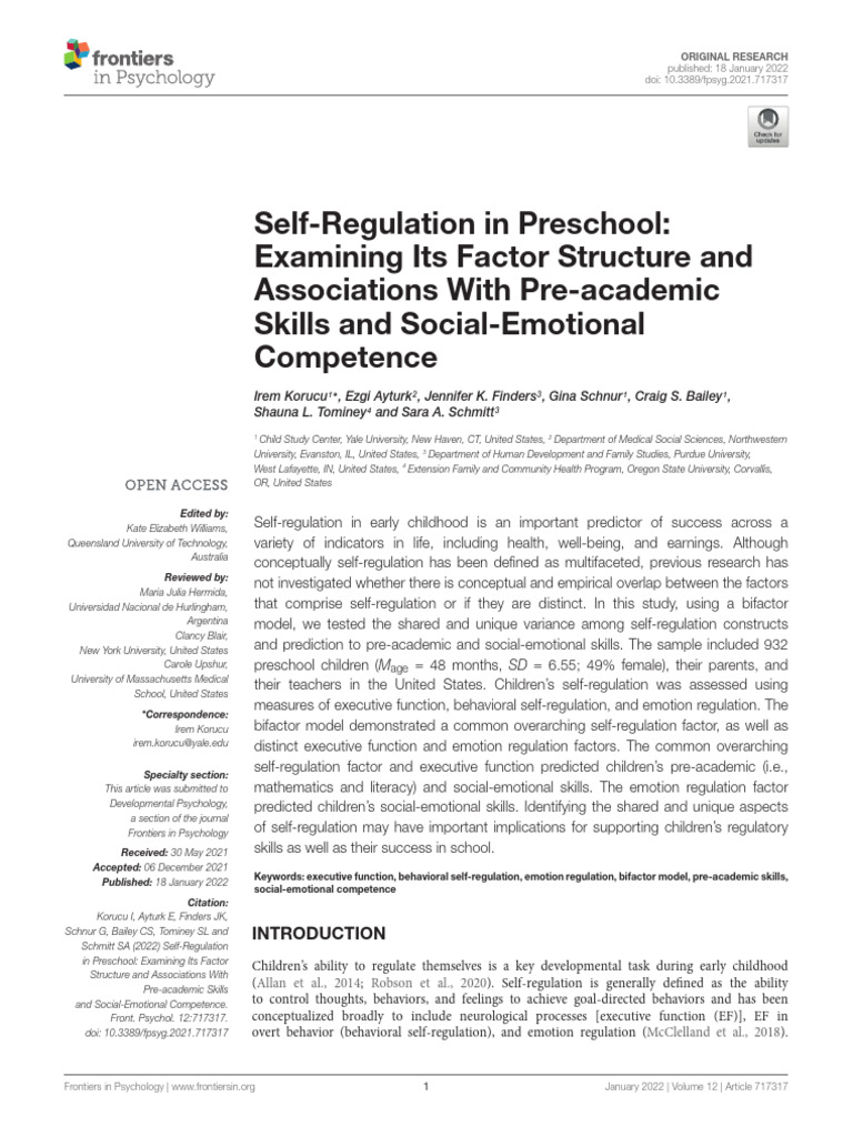 Self Regulation in Preschool Examining Its Factor Structure 82uuus5w ...
