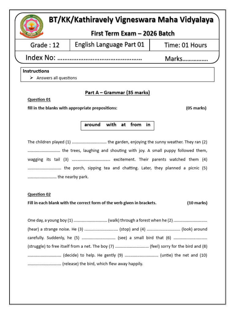 Grade 12 English First Term Exam 2026 | PDF | Linguistics