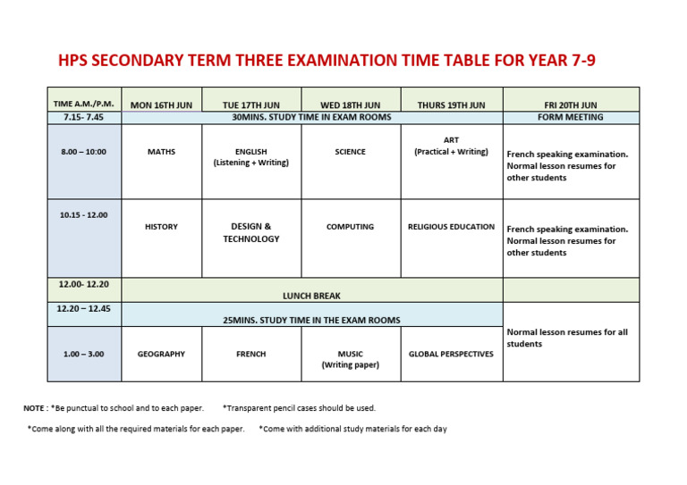 HPS Y 7, 8 & 9 Term Three Exam Timetable | PDF