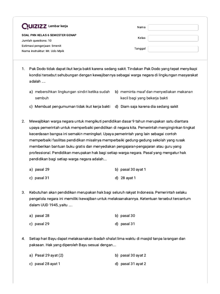 Soal PKN Kelas 6 Semester Genap - Quizizz | PDF