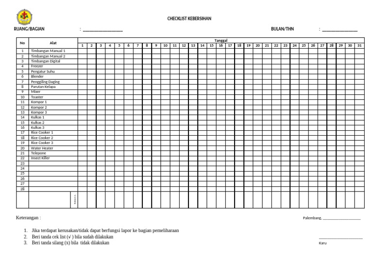 Checklist Kebersihan Alat | PDF