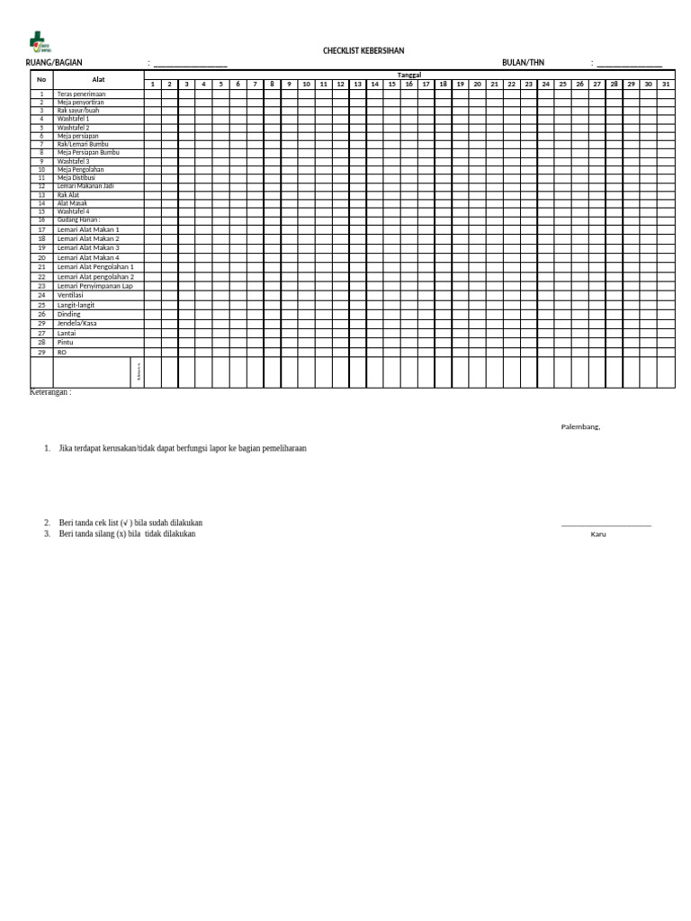 Checklist Kebersihan Ruangan Bulanan | PDF