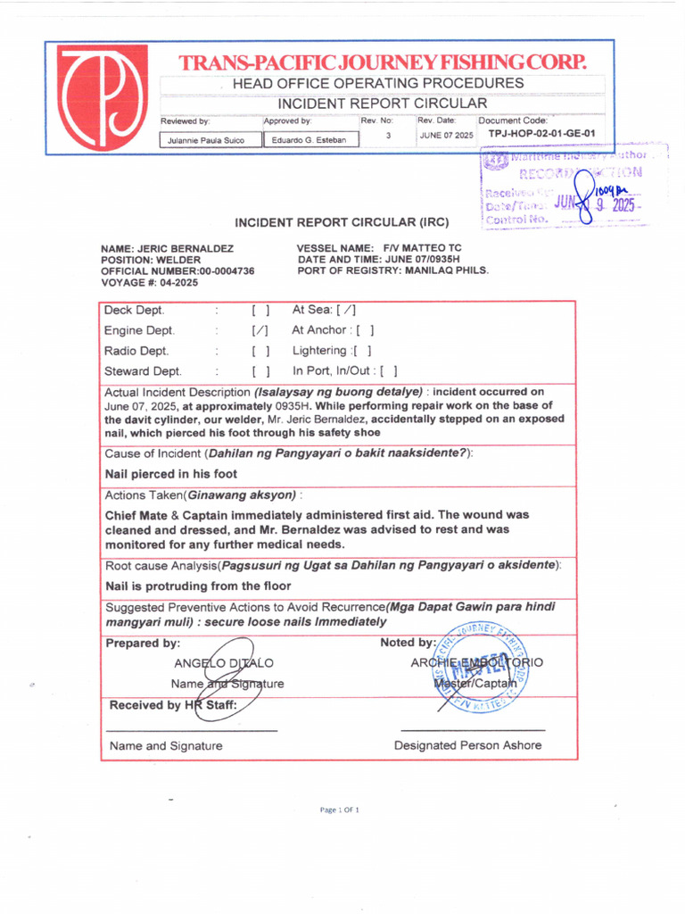 06.07.25 Engine Dept. (At Sea) Jeric Bernaldez | PDF