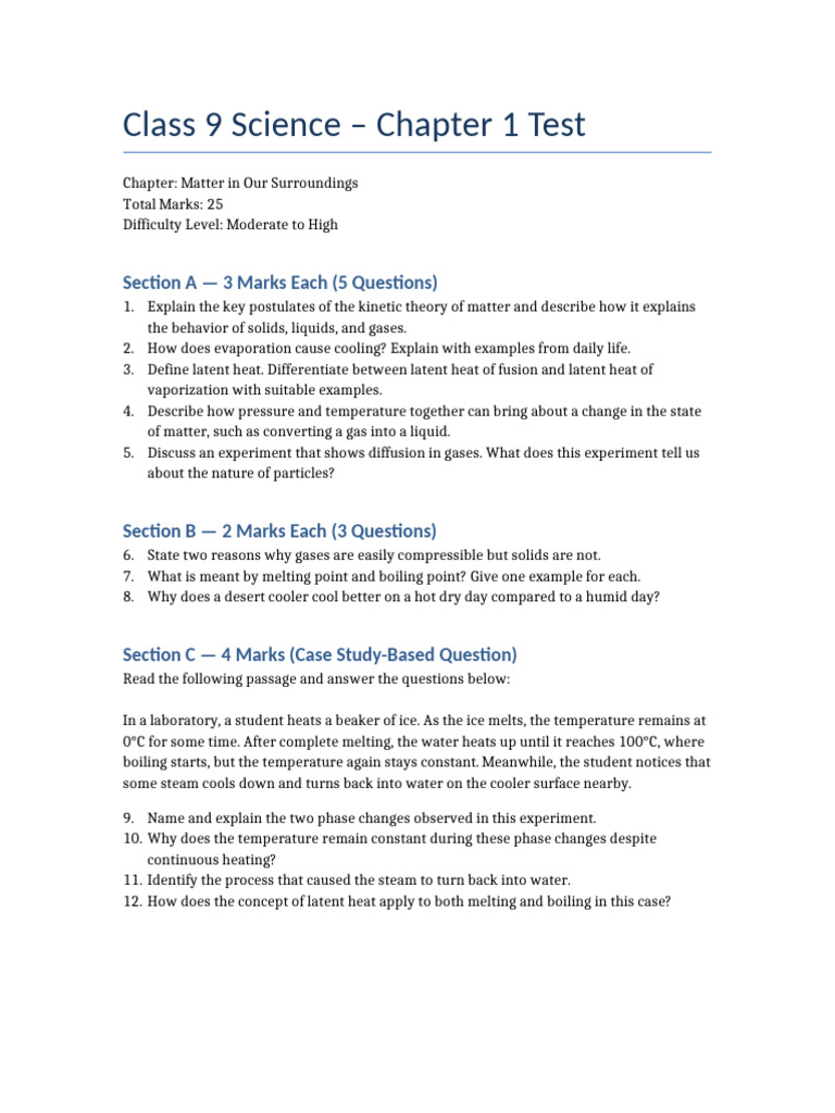Class9 Science Ch1 Test | PDF
