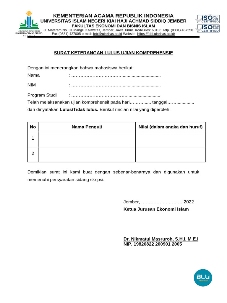 Surat Keterangan Lulus Ujian Komprehensif | PDF
