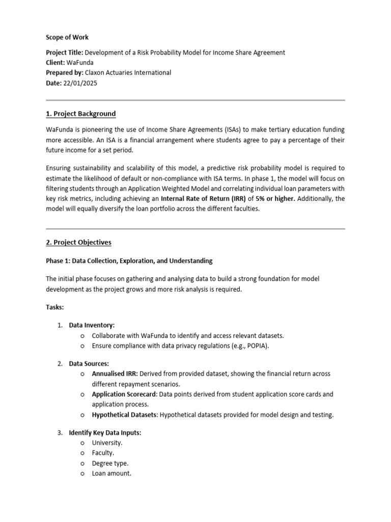 WaFunda ISA Risk Model - Revised Scope of Work - Signed | PDF | Risk | Internal Rate Of Return