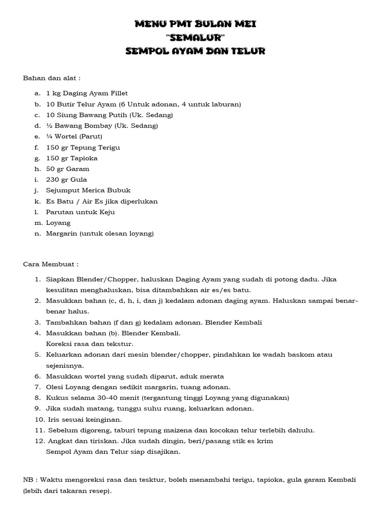 Menu PMT Posyandu Mei 2024 | PDF