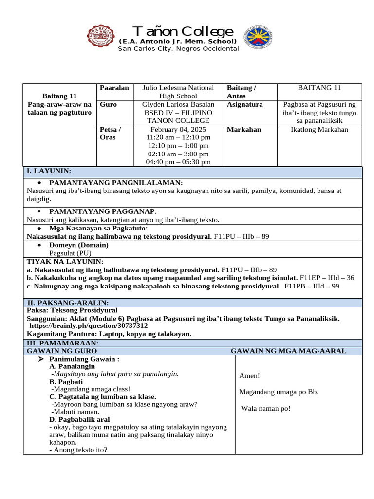 Tekstong Prosidyural Lesson Plan Final | PDF