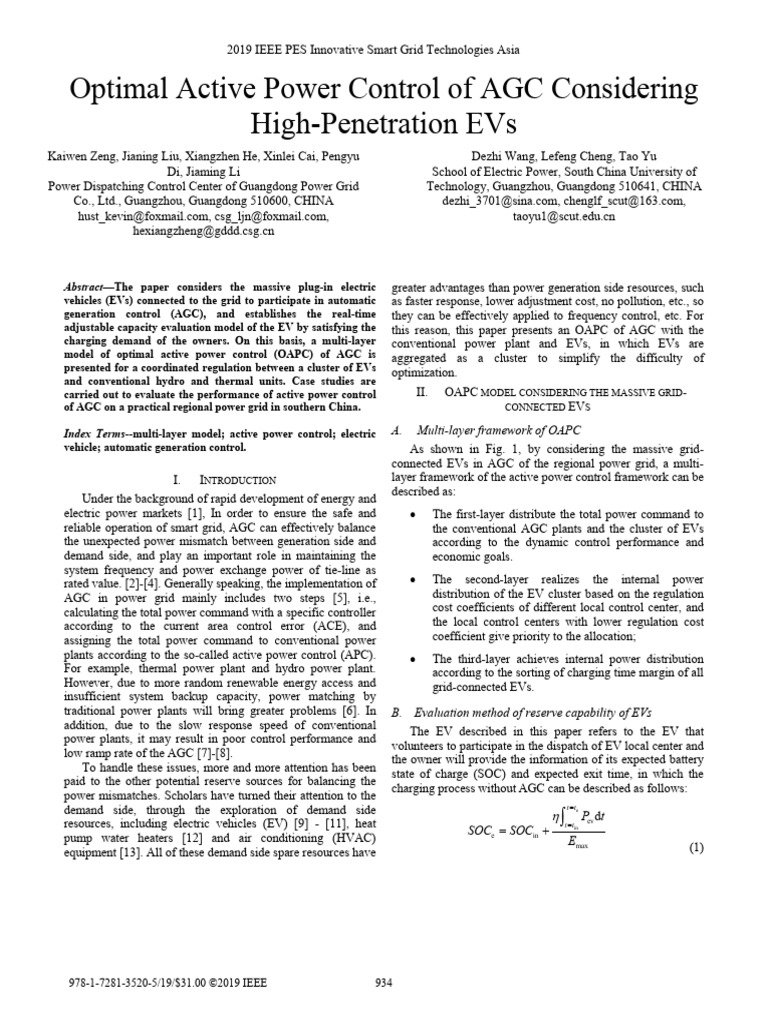 Optimal Active Power Control of AGC Considering High-Penetration EVs ...