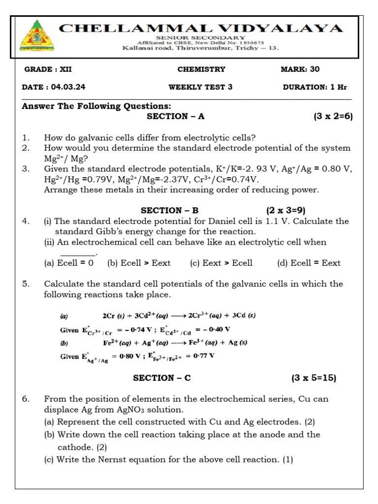 Chem Weekely Test 3 | PDF