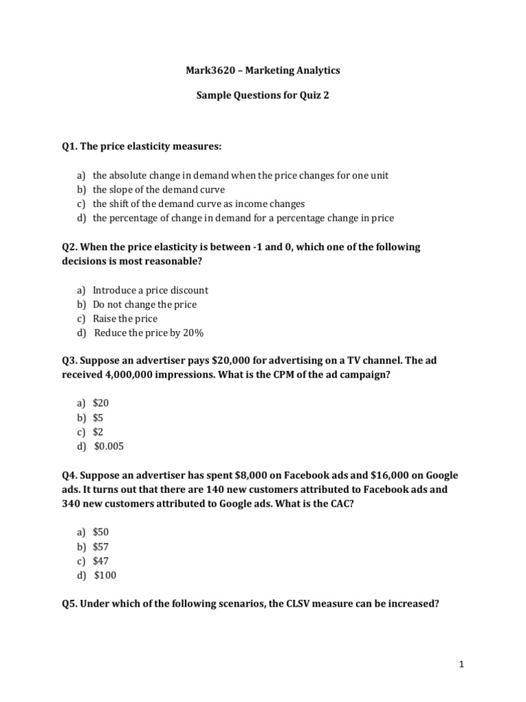 Sample Quiz Questions | PDF | Demand | Elasticity (Economics)