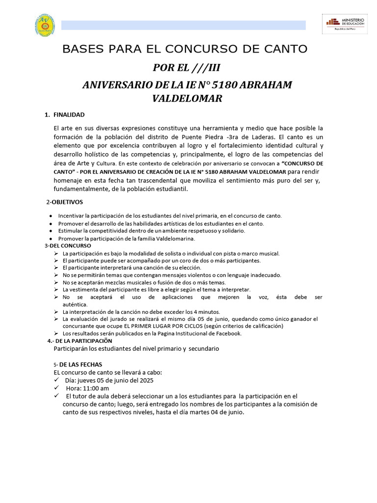 Bases para El Concurso de Canto Primaria y Secundaria | PDF