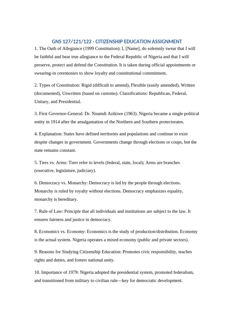 Citizenship Education Assignment Summary | PDF