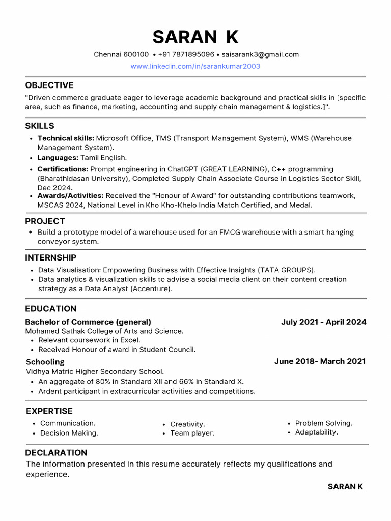 Saran K Resume | PDF
