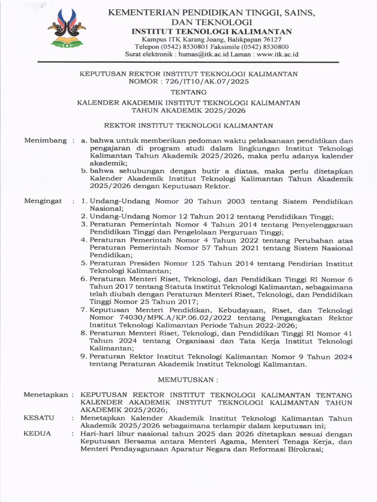 726 - Kalender Akademik Itk Tahun Akademik 2025-2026 | PDF