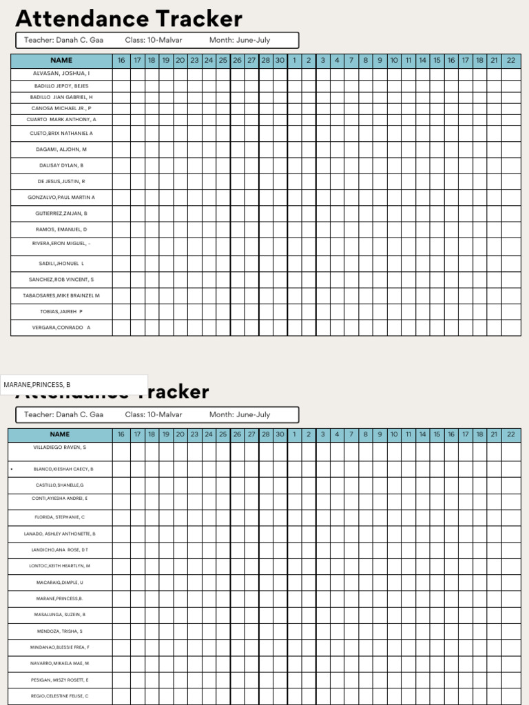 Attendance Tracker in Pastel Color and Monochromatic Simple Style (A4 ...