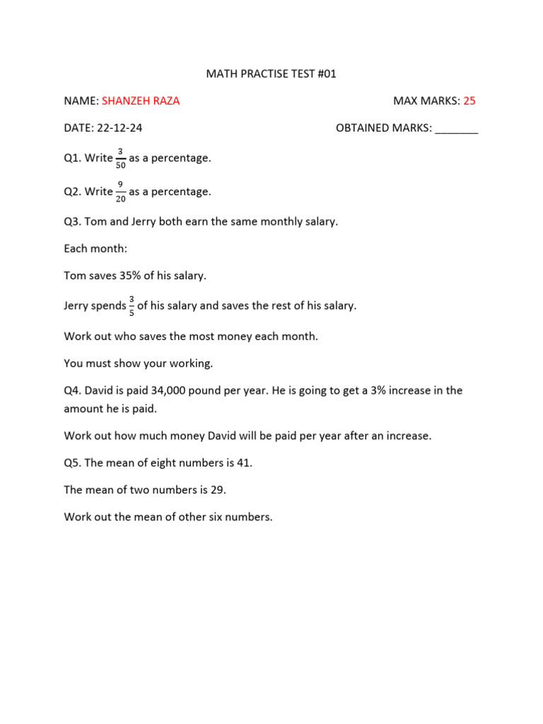 Math Practice Test #01 Overview | PDF