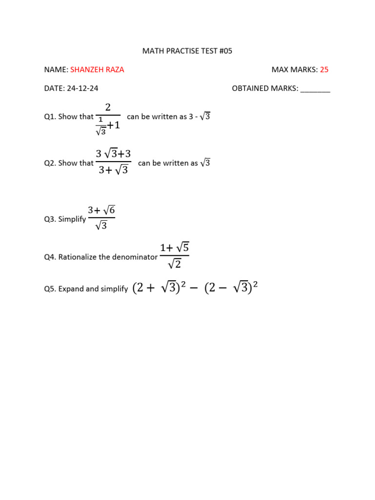 Math Practise Test #05 | PDF