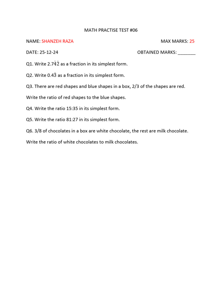 Math Practice Test #06: Ratios & Fractions | PDF