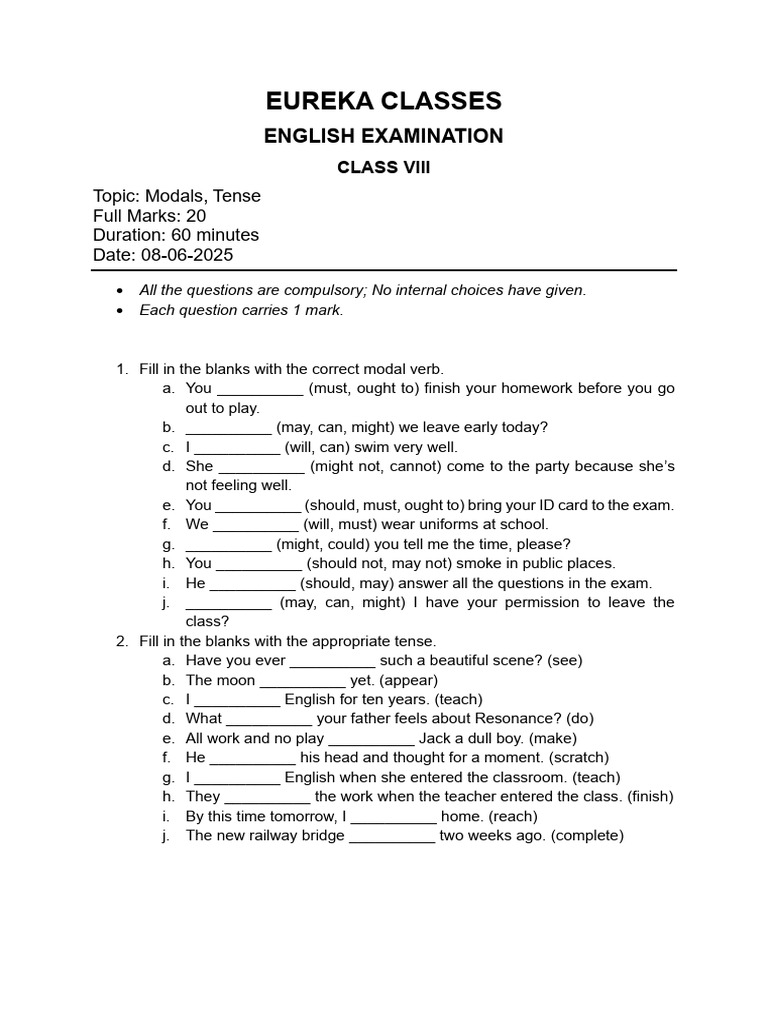 Class VIII English Exam: Modals & Tenses | PDF