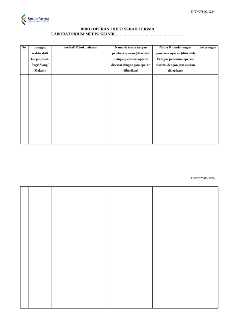 F - Ply - 076!00!1224 Buku Operan Shift Atau Serah Terima Rev 00 | PDF