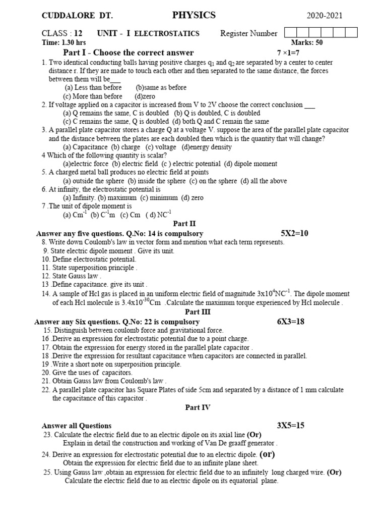 1 Unit Test 12 Physics (Em) | PDF | Electric Field | Capacitance