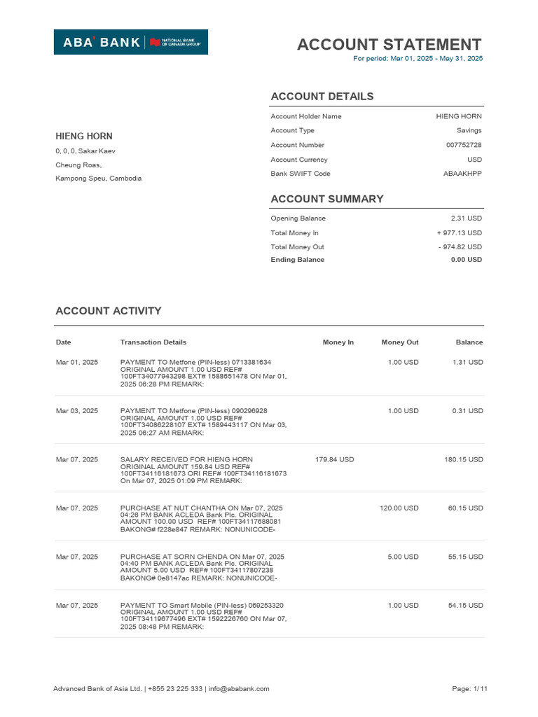 ACLEDA Bank Statement Summary | PDF | Banks | United States Dollar