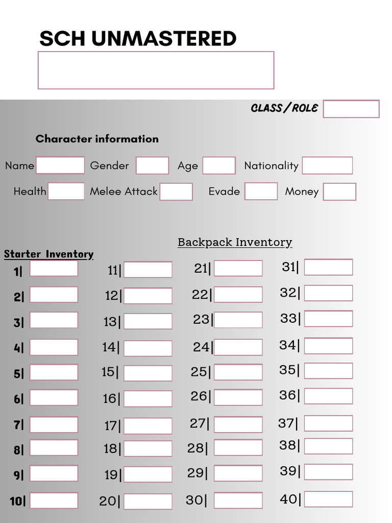 SCH Unmastered Character Sheets | PDF