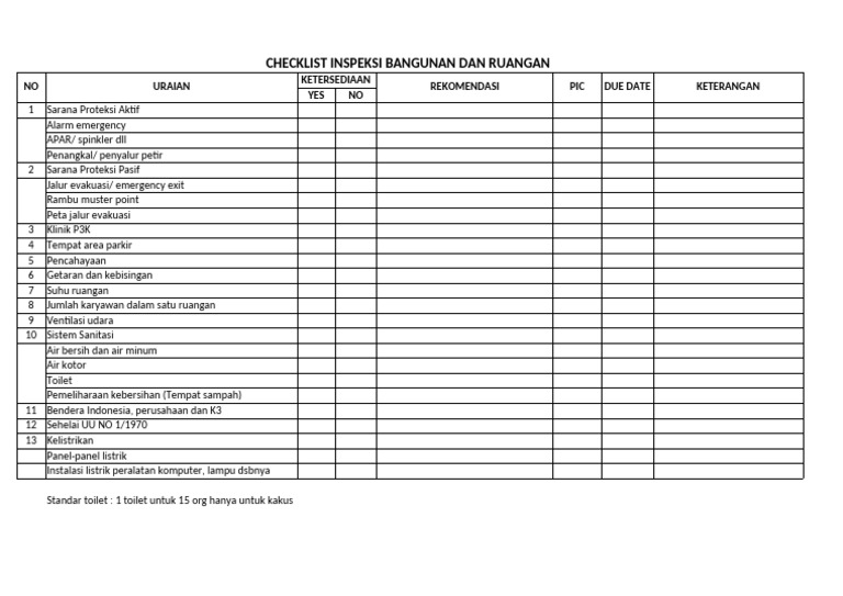 Ceklist Inspeksi Bangunan Dan Ruangan | PDF