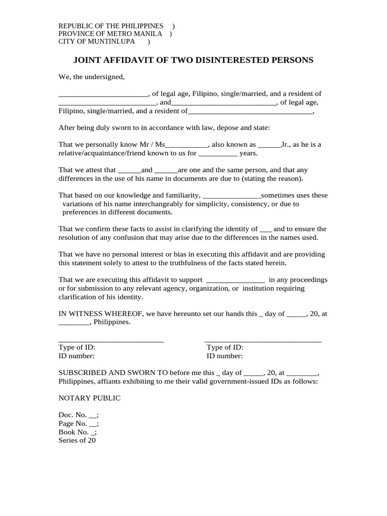 JOINT AFFIDAVIT OF TWO DISINTERESTED PERSONS | PDF