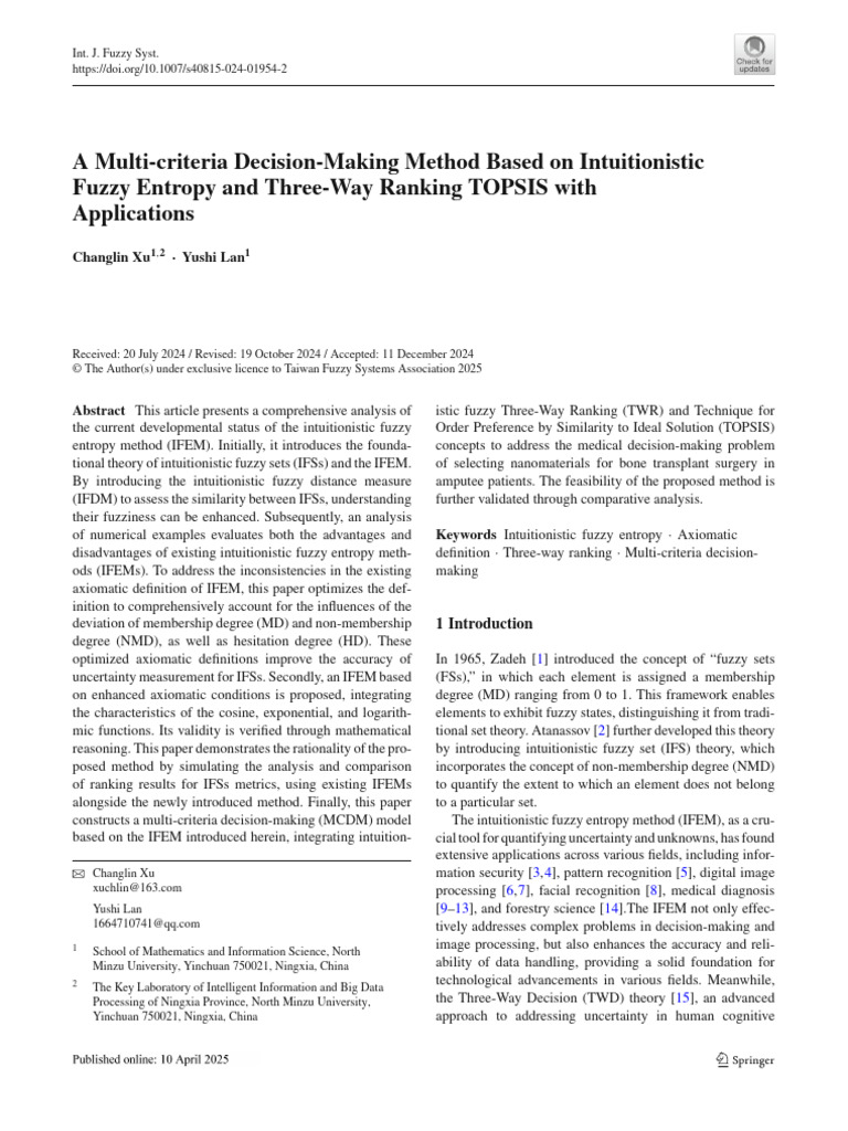 Intuitionistic Fuzzy Entropy in MCDM | PDF | Fuzzy Logic ...