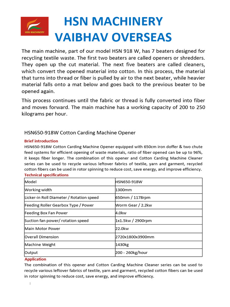 HSN Cotton Carding Machine Opener HSN650-918W-300W-512W | PDF | Textiles | Spinning (Textiles)